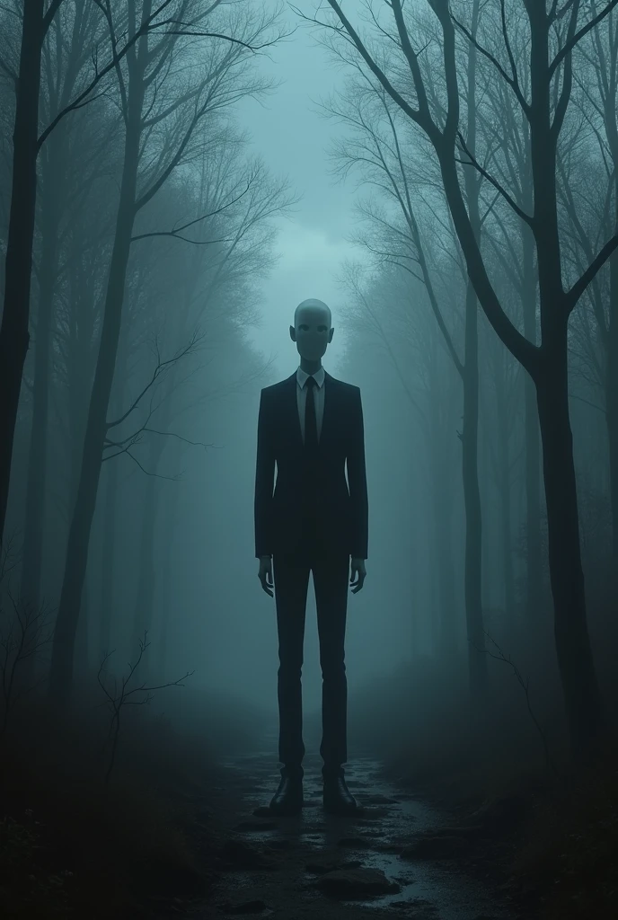 Abandoned forest at night with fog, Slender Man in a suit up close ...