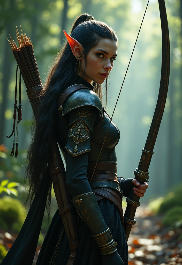 Dark Elf Archer, full length, Forest edge, the bow is lowered down ...