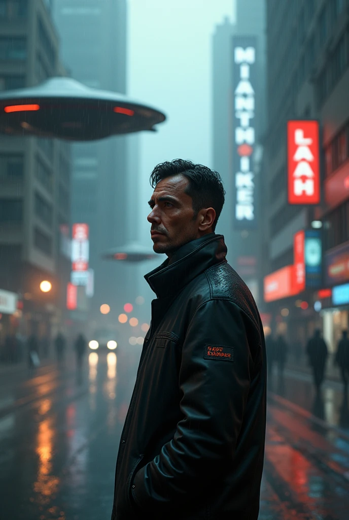 Sad man in the world of Blade runner 2049 in the rain with flying ...