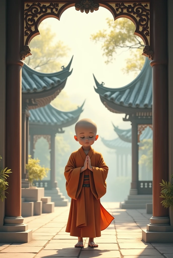 The little monk clasped his hands together，Little monk，Standing - SeaArt AI