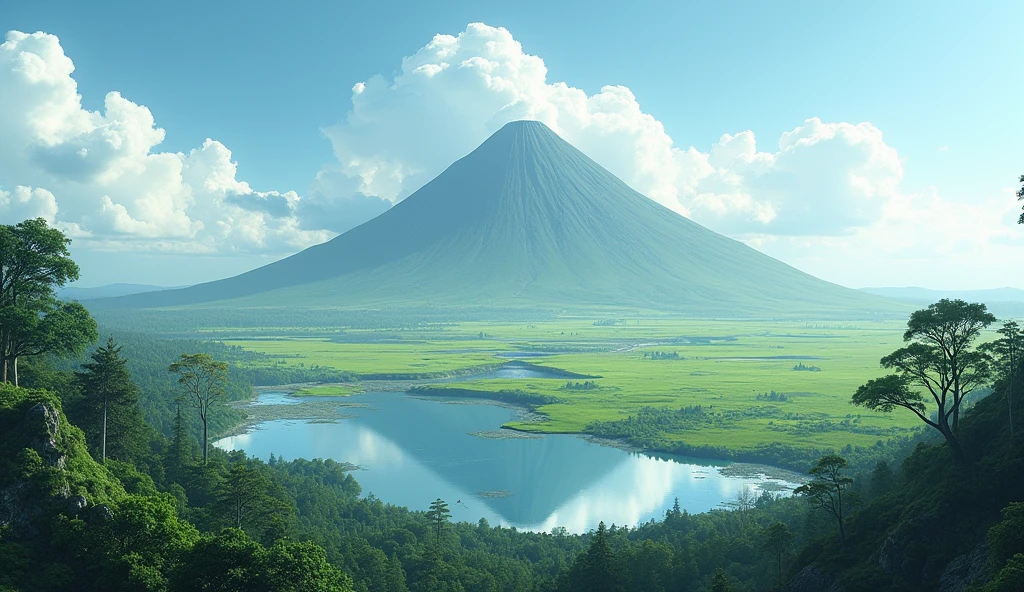 “Panoramic view of a landscape with a dormant volcano, signs of ...