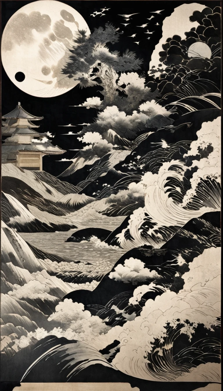 Monochrome, pencil drawing, sumi-e, ink painting, Ukiyo-e, Japanese ...