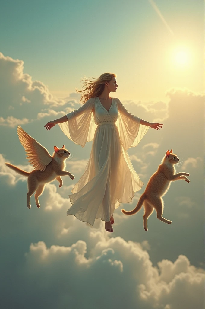 A woman flying in the sky being pulled by two flying cats - SeaArt AI