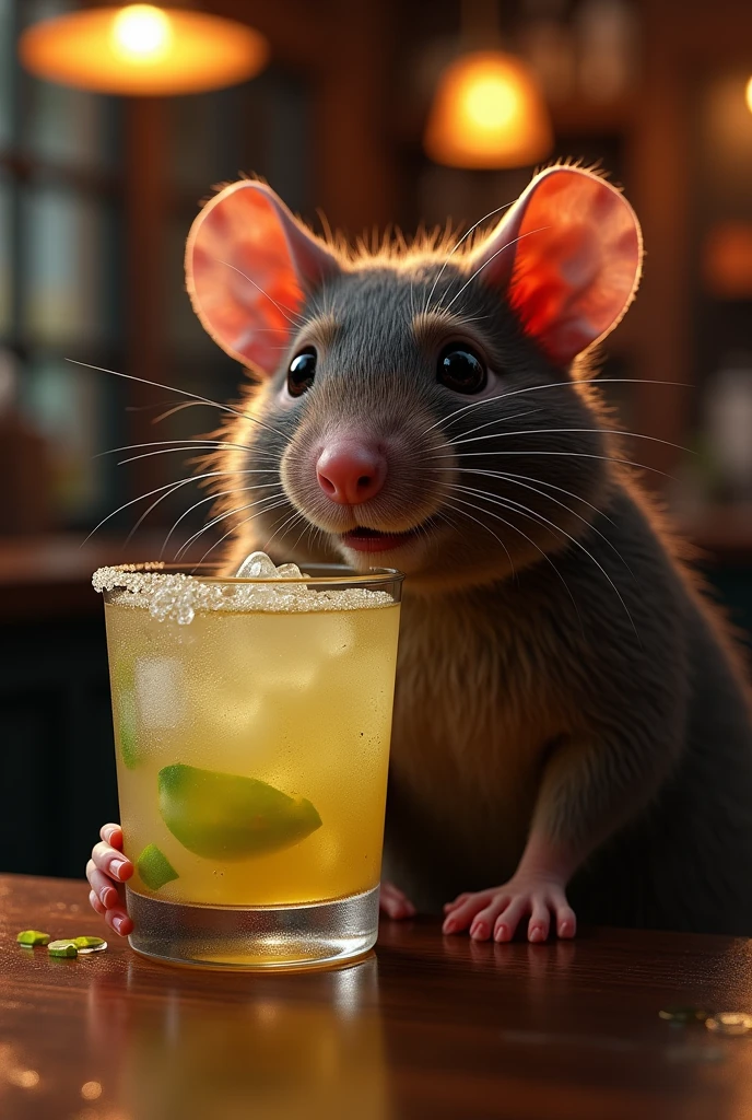 (photorealism:1.2), rat, rat in bar, rat with one margarita drink ...