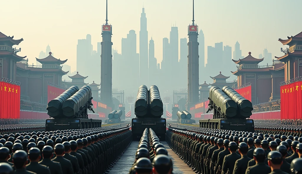 "A Chinese military parade showcasing an array of advanced missile ...