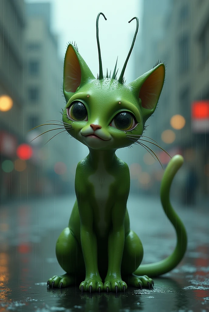 A sad crying alien green cat with 3 eyes and antennas in the street ...