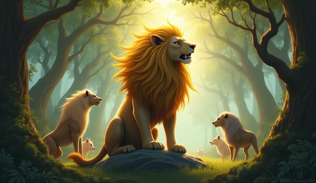 It shows a powerful golden-maned lion speaking to other animals in the ...