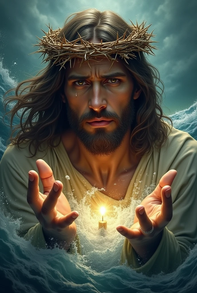 A face of Christ with a crown of thorns and crying with tears in his ...