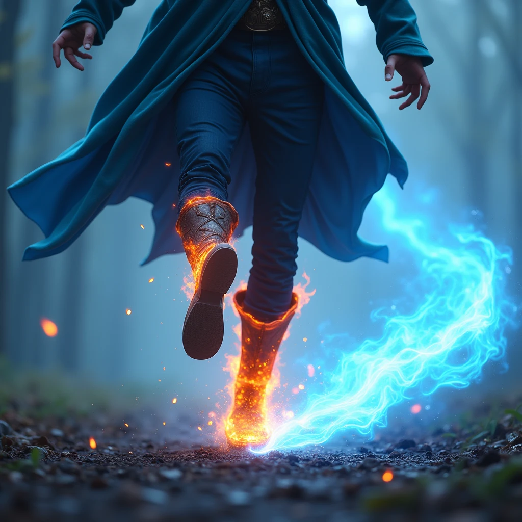 Hyper realistic, fantasy, magical, spell, feet in burning boots close ...