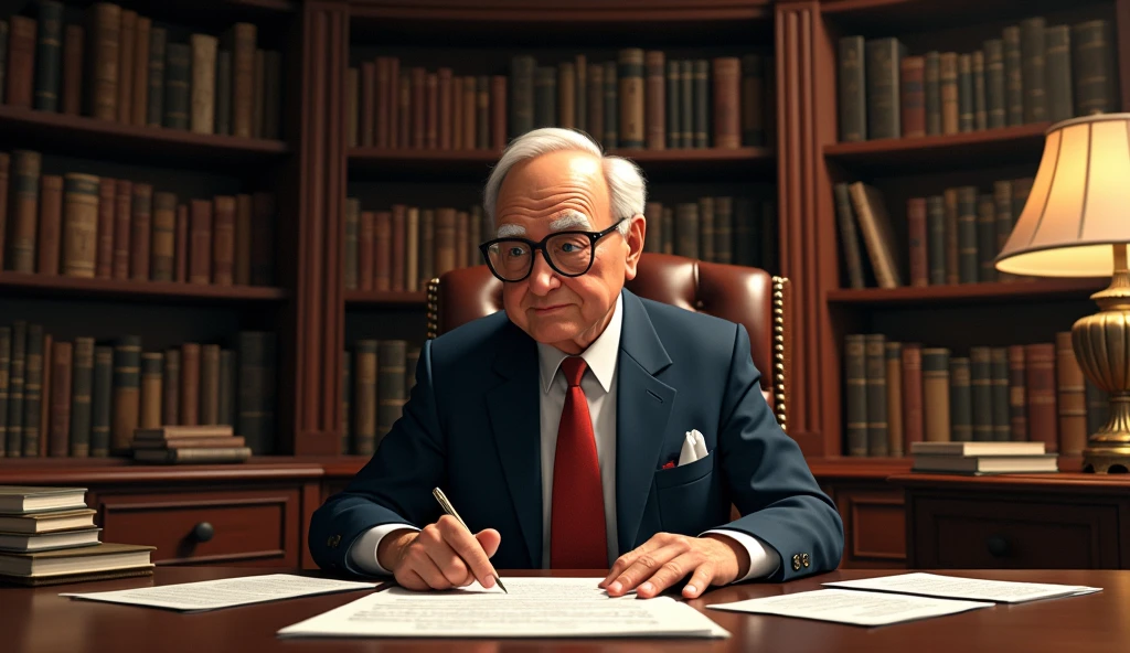 A stately office filled with vintage decor, where Warren Buffett sits ...