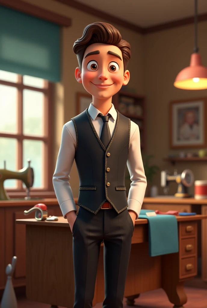 Cute animated image of a male tailor dressed in a black pantsuit and ...