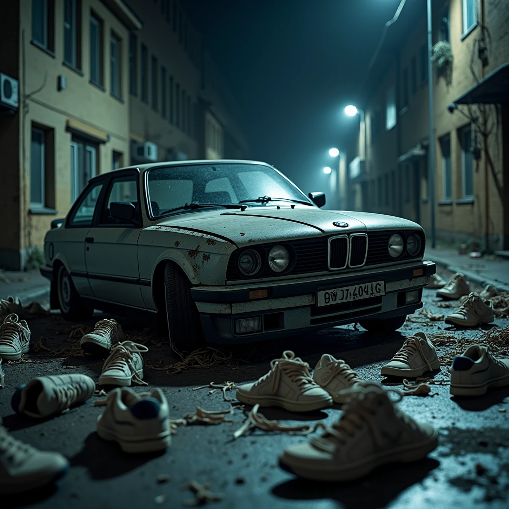 BMW E30 ،Wrecked car with sneakers around it, in the distinctive night ...