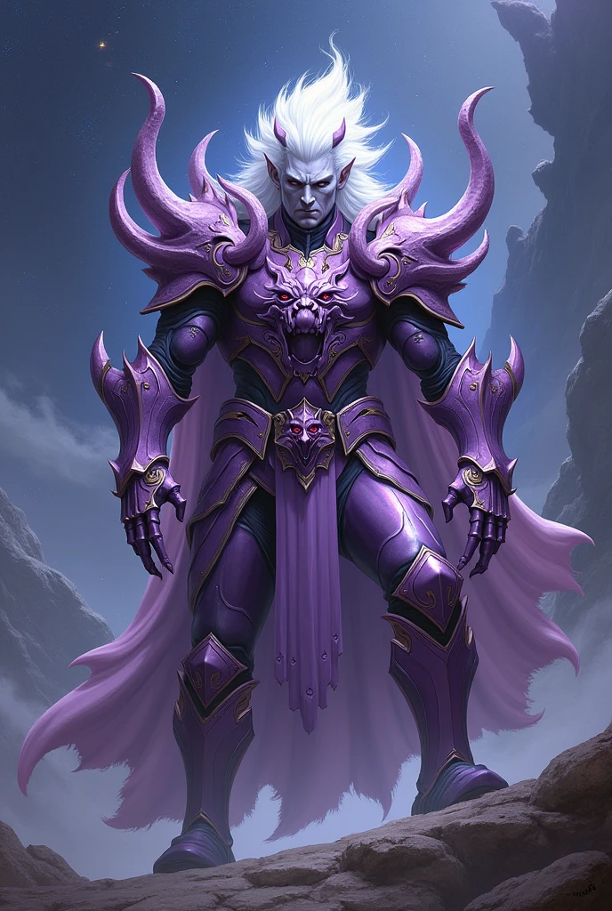 A knight wearing medieval metallic armor in lilac color. The head of a ...