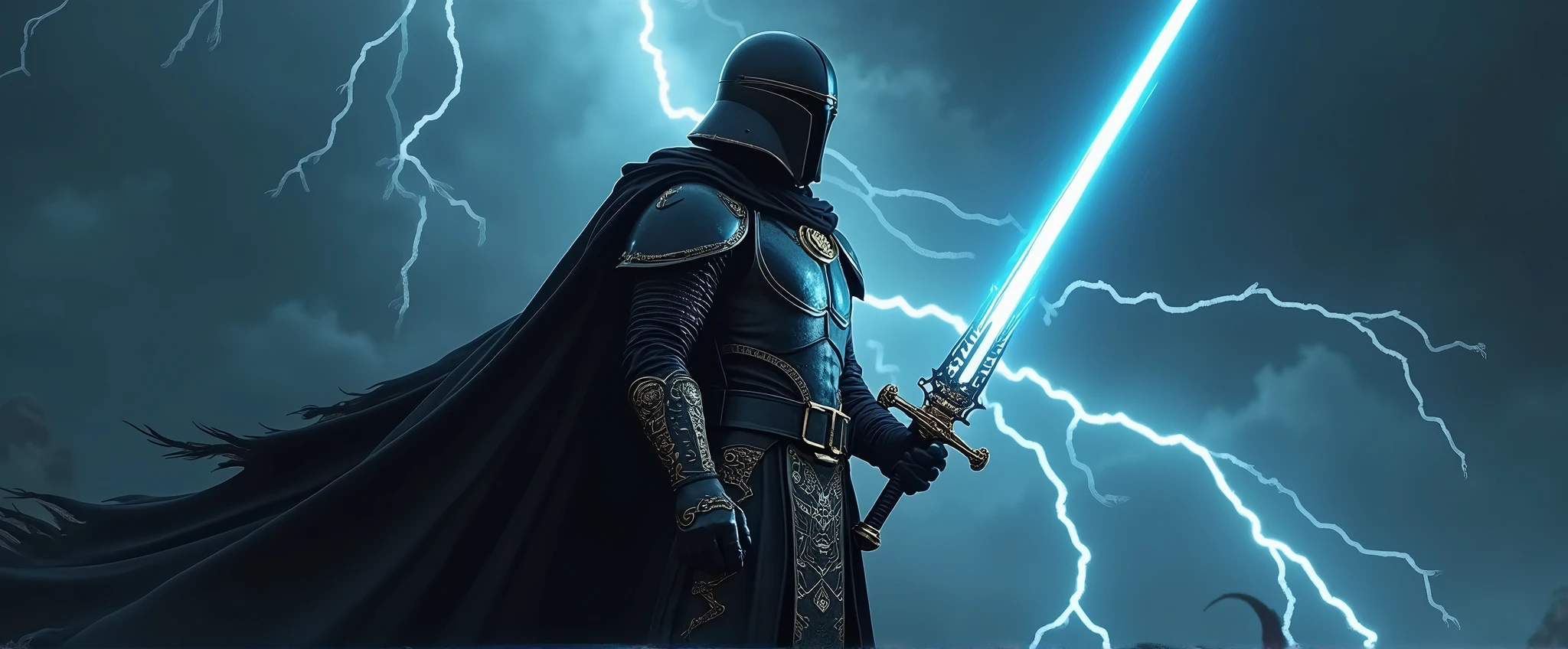 Batman in a dark knight costume holding a sword in front of a lightning ...