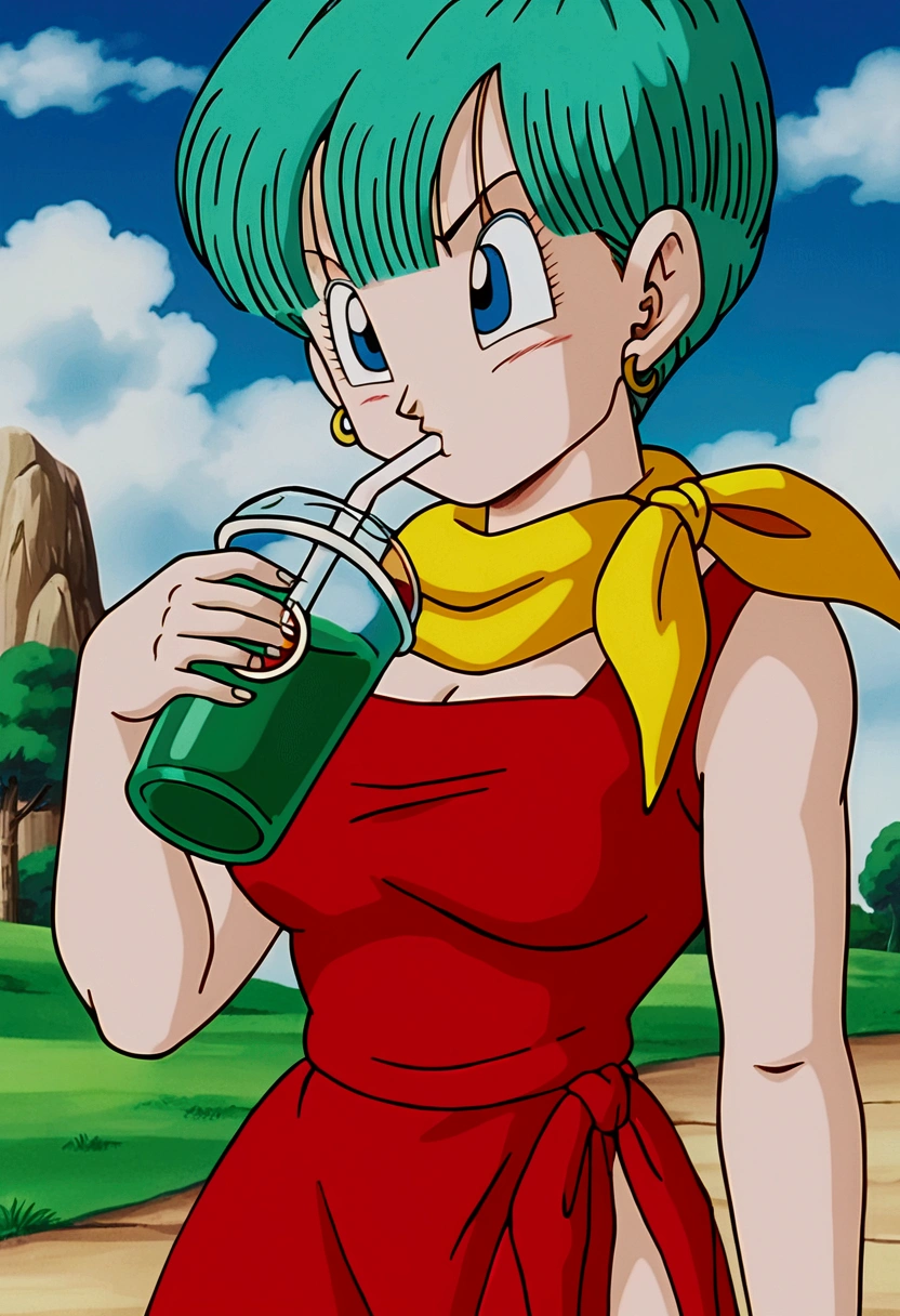 Bulma, aqua colored hair, blue eyes, yellow scarf wrapped around her ...