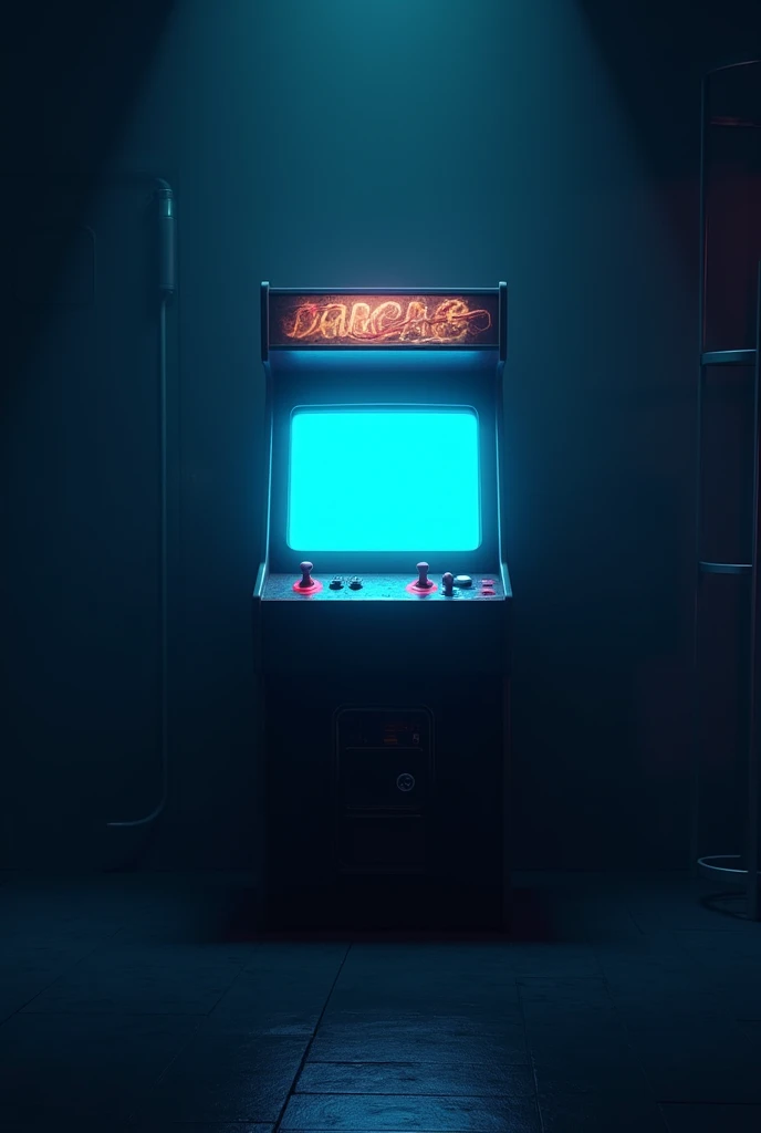 A centralized arcade game turned on with the screen glowing in a dark ...