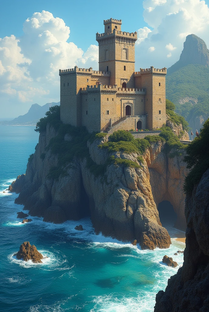 Create an image of a castle that is situated on some rocks by the sea ...