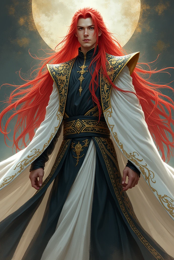 Make a murim manhwa character, with long red hair, He has black eyes ...