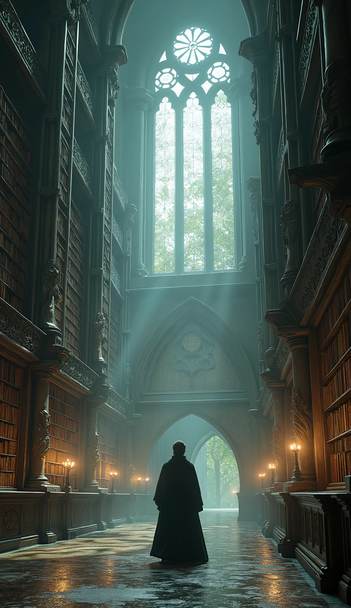There is a man standing in a library with a book case - SeaArt AI