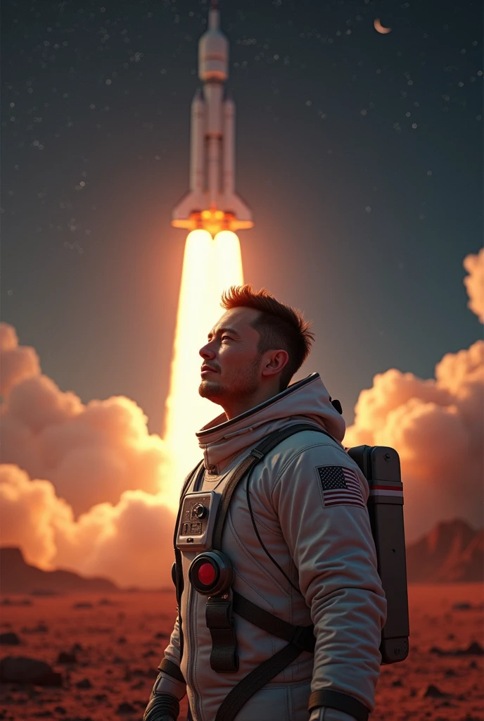 Elon Musk Embrace your dreams and launch a rocket。The background is ...