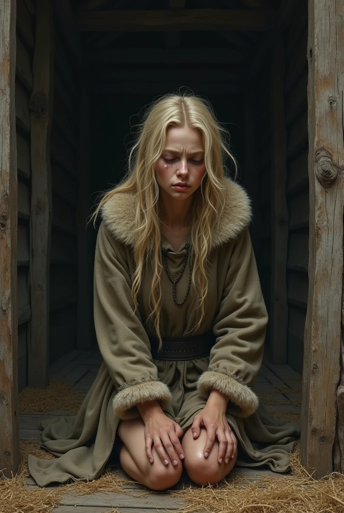 Medieval nordic peasant woman skinny young barn kneeling scared crying ...