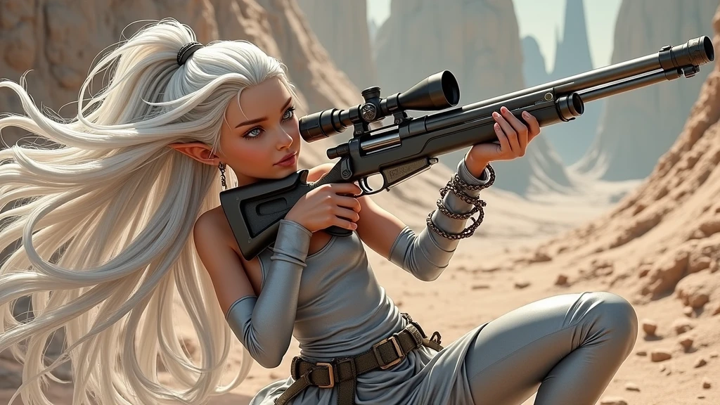 A young elf girl with long flowing hair, beautiful detailed eyes ...