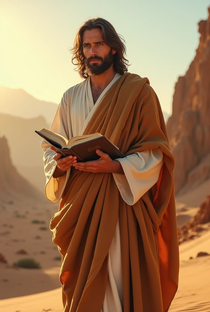 Jesus in the desert, standing, holding an open bible with his 2 hands ...