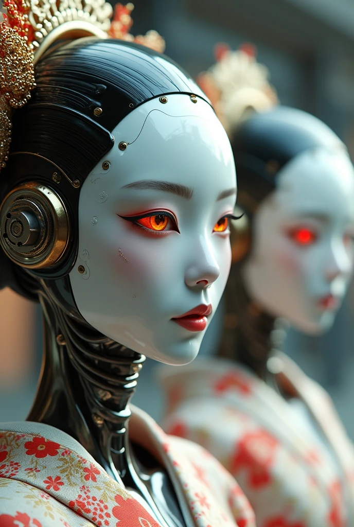 Hyperrealistic 3D render of cybernetic geisha robots, extreme close ...