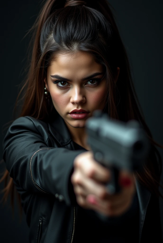 Selena Gomez with a gun - SeaArt AI