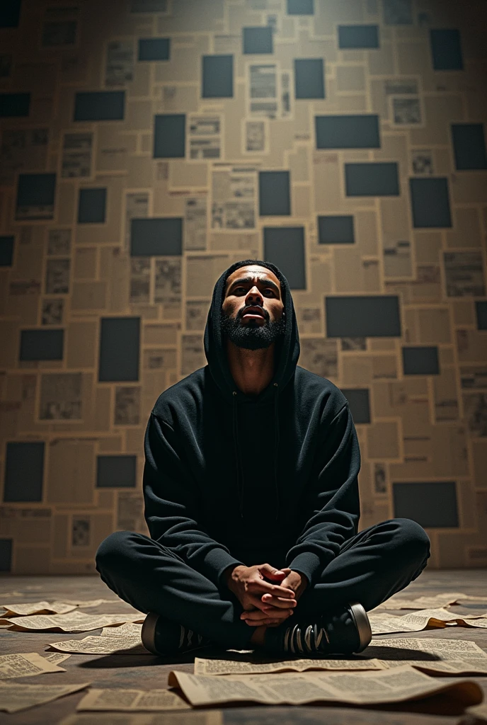 A guy singing a dramatic rap sitting on the floor,infront of wall of ...