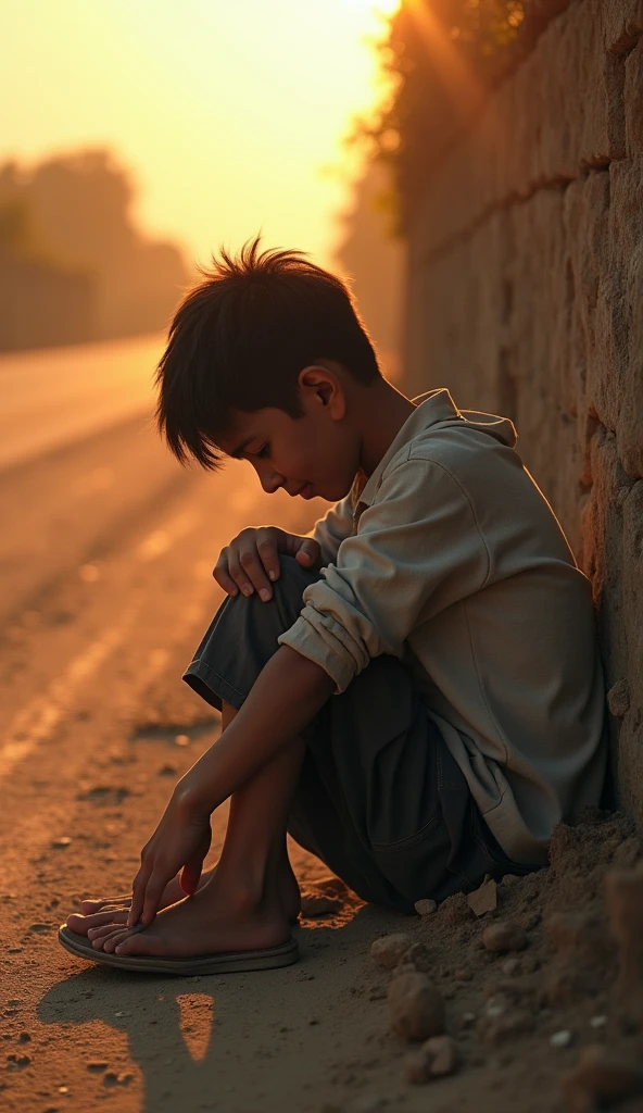 2. Boy Sitting and Crying: "A , sitting on the dusty roadside - SeaArt AI