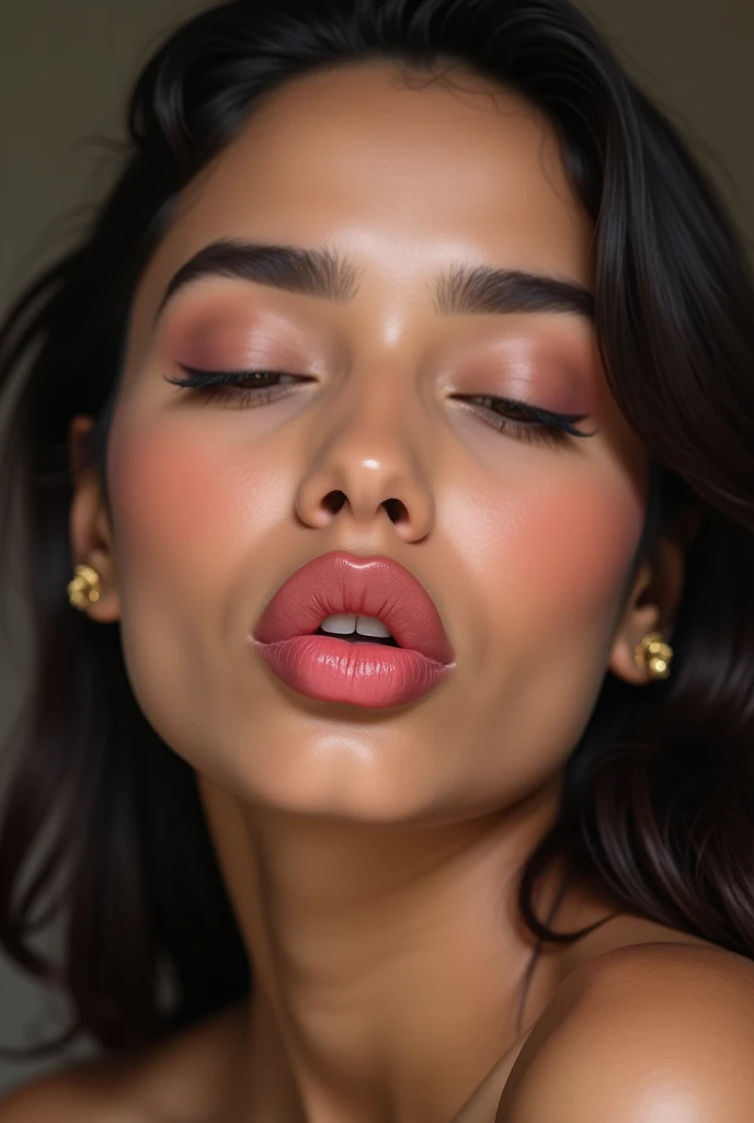 Indian girl selfie eyes closed, kissing viewer, pout, big soft juicy ...