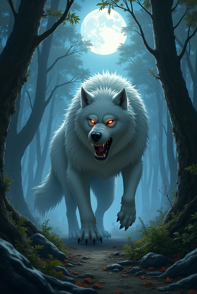 White werewolf prowling in the forest at night, standing on 2 feet ...