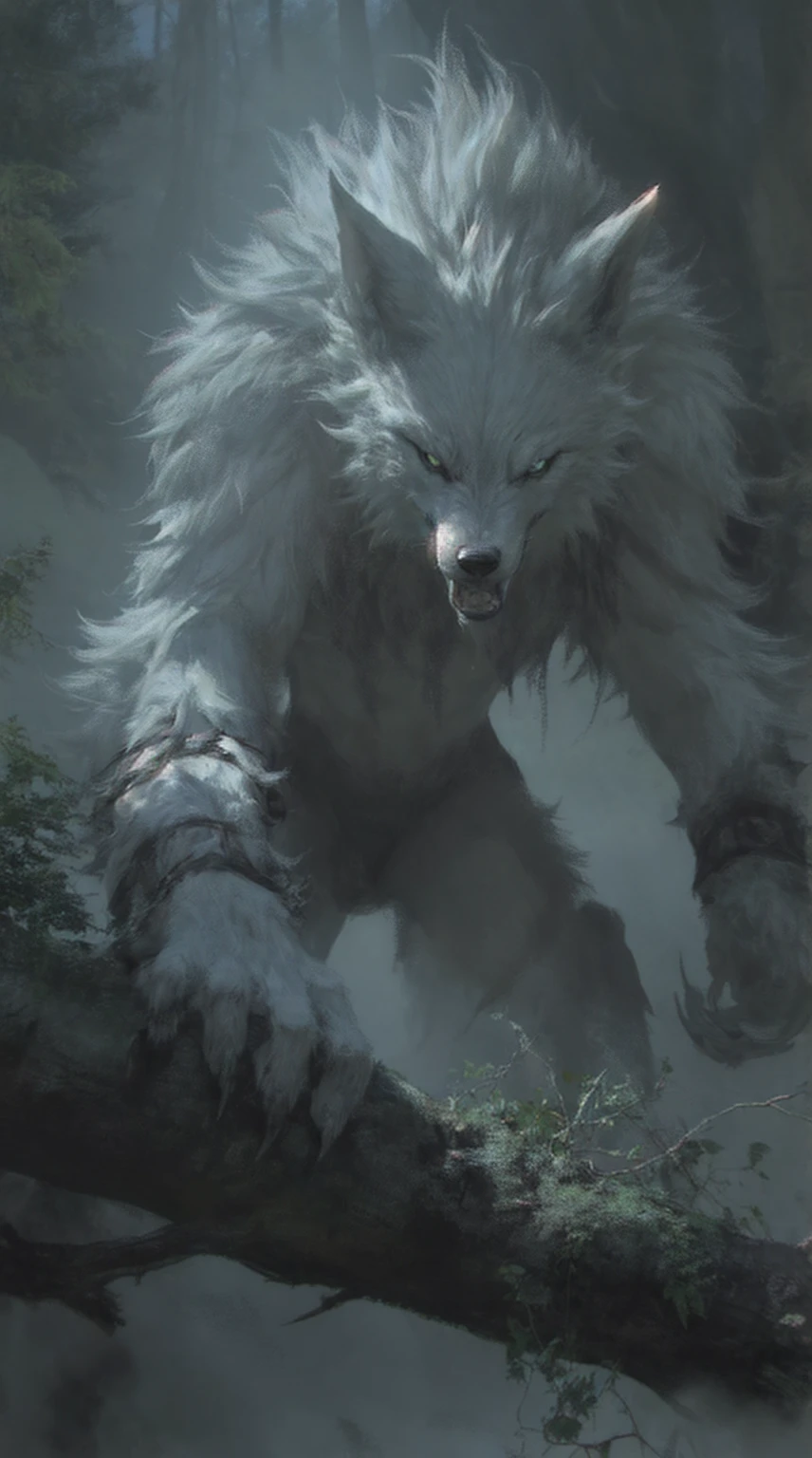 (best quality, masterpiece:1.2), white werewolf prowling in the forest ...