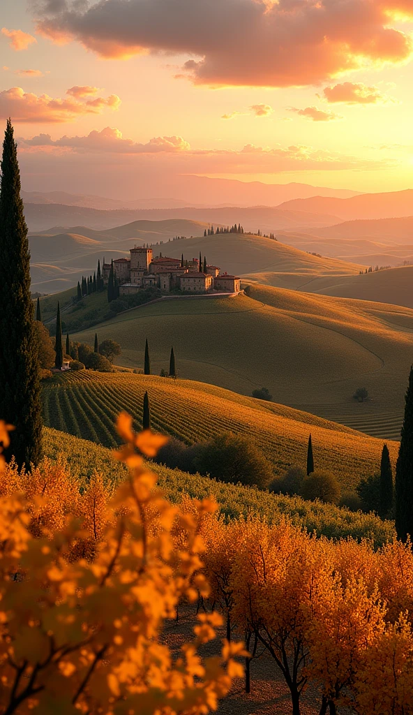 "A picturesque Tuscan landscape in autumn, featuring rolling hills with ...