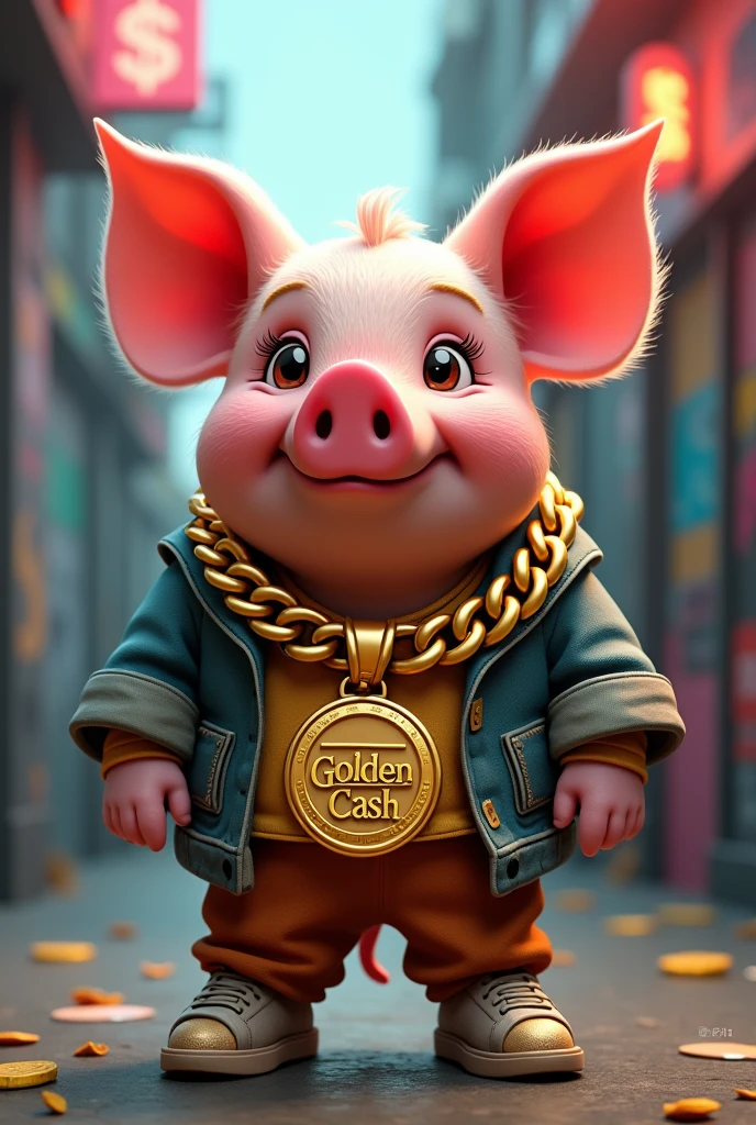 A little pig with a rapper chain that says Golden Cash - SeaArt AI