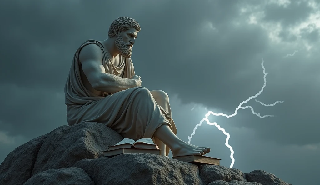 A statue of Aristotle, dynamic pose, sitting on a rock (with lightning ...