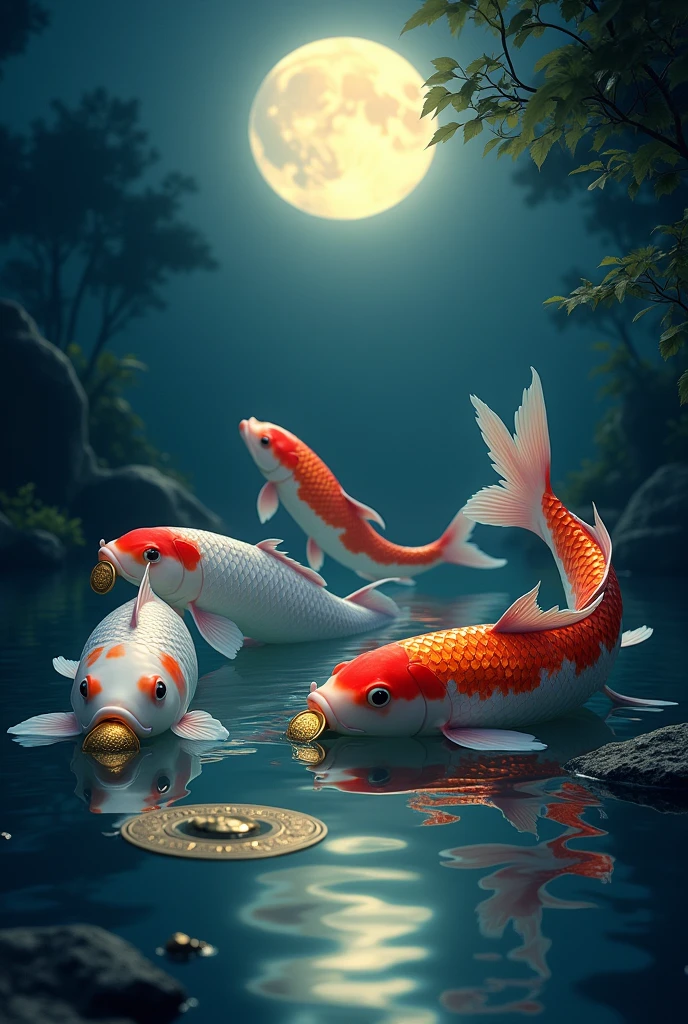 6 koi and dragon fish , mouth holding gold coins on full moon night ...