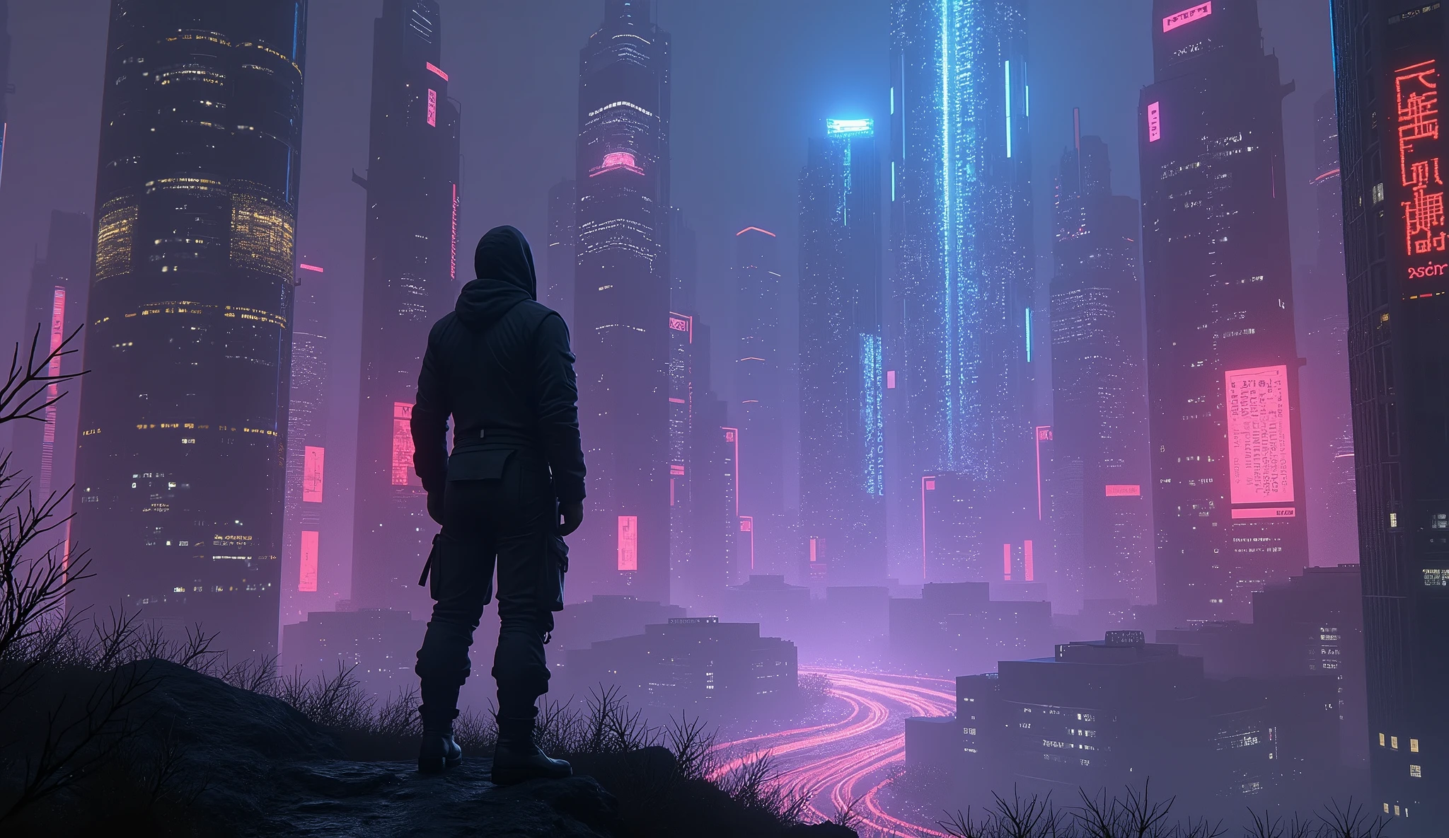 Futuristic city with a man standing on a hill looking at the city ...
