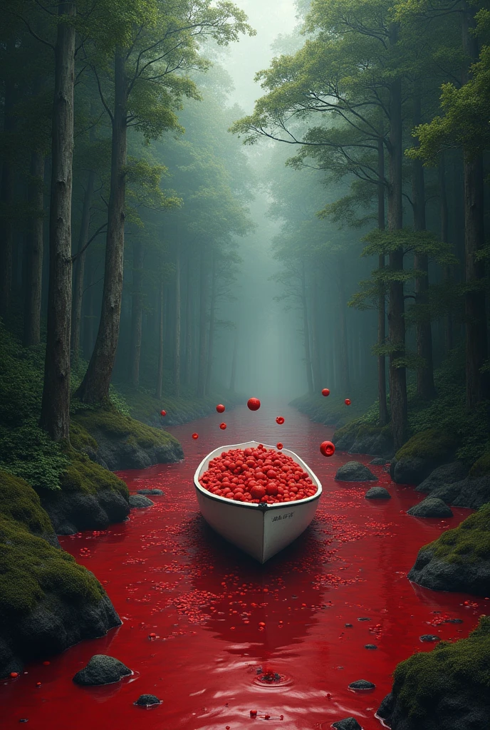 In the forest a blood red river with a boat coming out white and red ...