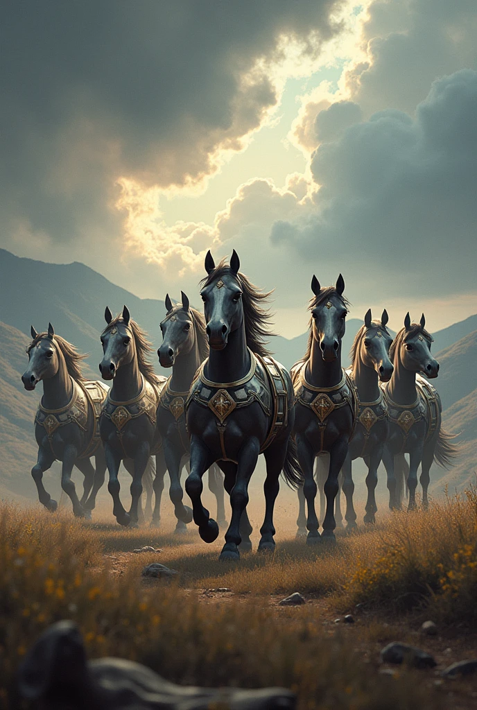 8 ponies in armour in battle stance - SeaArt AI