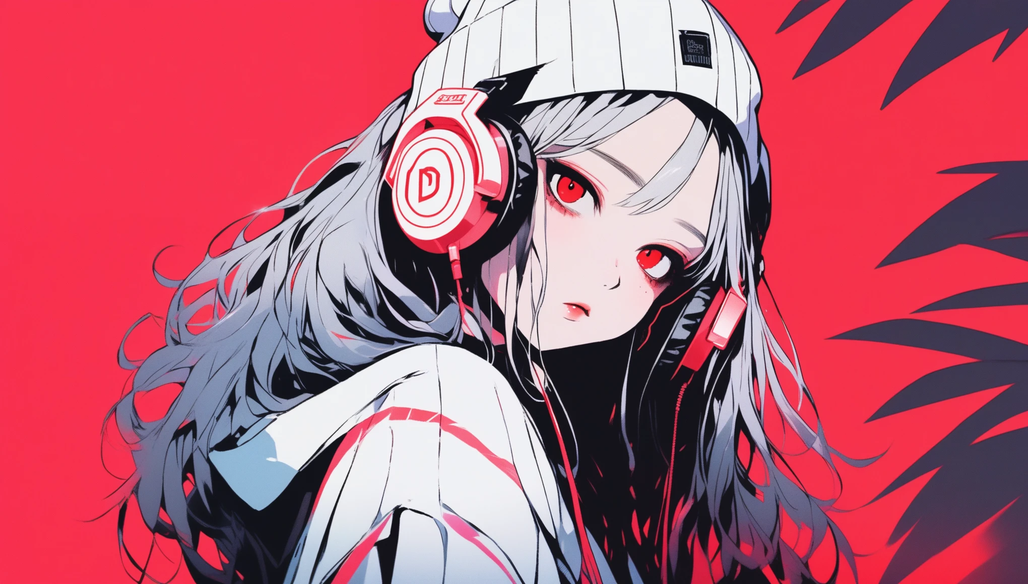 Anime girl with headphones and a red background - SeaArt AI