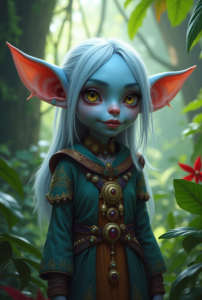 A small, young, female goblin with blue skin and pale blue hair and ...