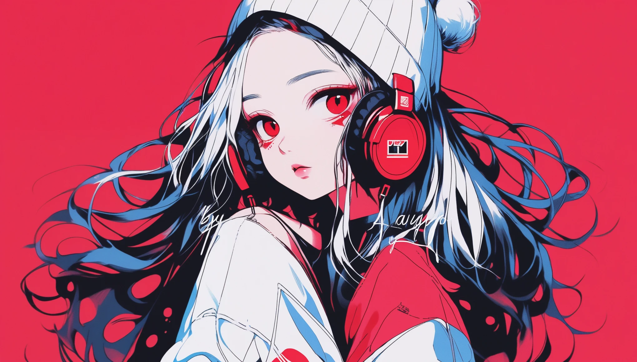 Anime girl with headphones and a red background - SeaArt AI