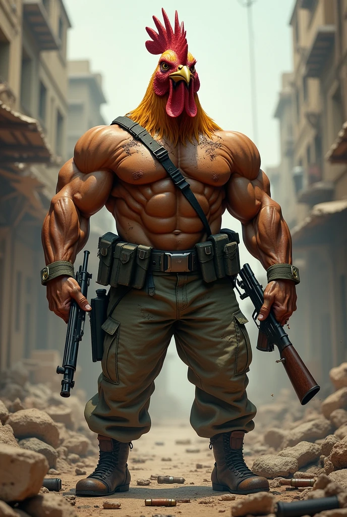 Create a muscular soldier with a chicken head, cigar in mouth holding a ...