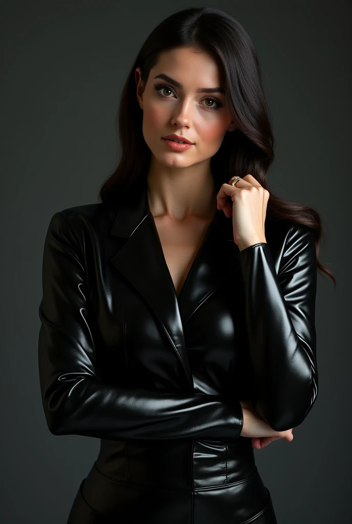 A woman wearing a black latex office uniform, extremely detailed ...