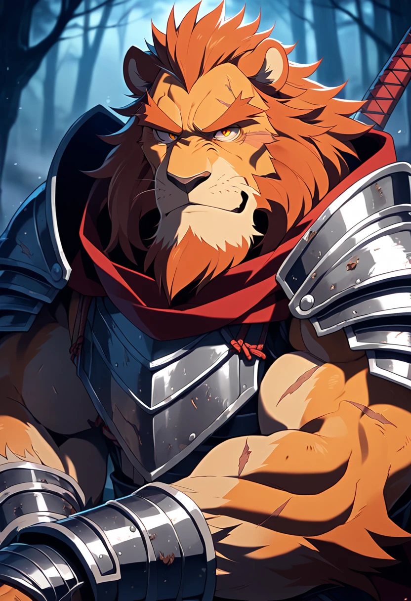 Burly virile hairy man, with two lion ears and a lion tail, in a ...