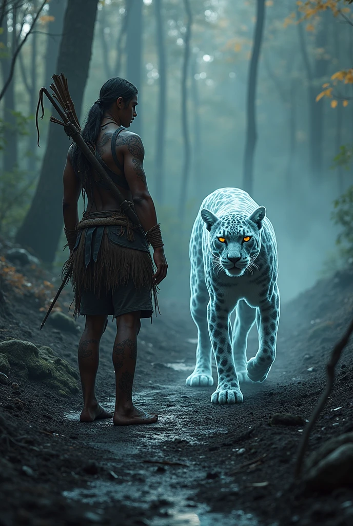 Image of an indigenous warrior next to a ghost jaguar looking at the ...