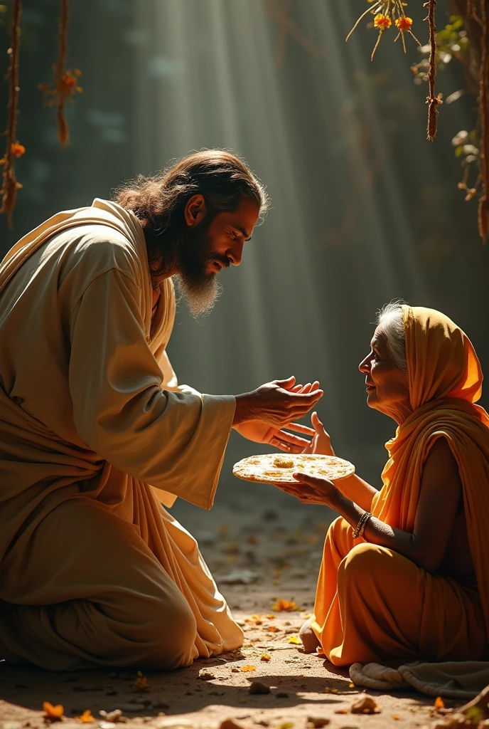 An old woman is sitting down and God is giving her a roti (bread ...