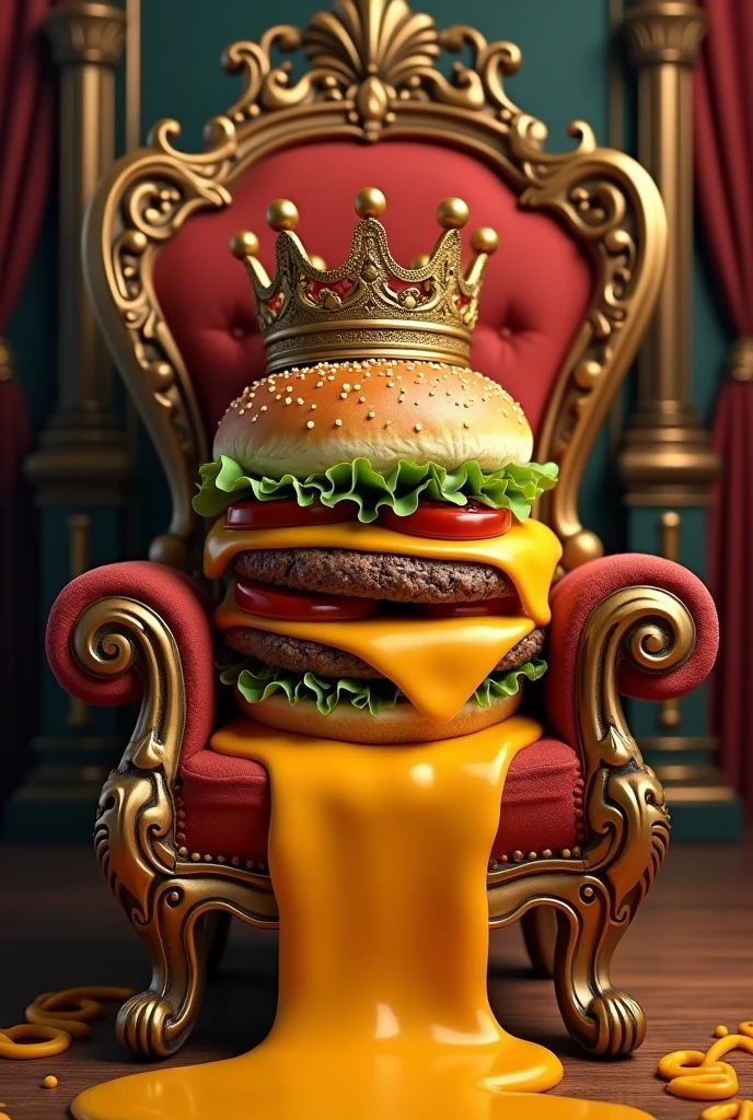 Burger sandwich with crown dressed as a king sitting on a throne ...